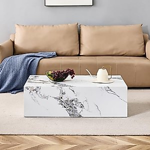 KEVINSPACE Coffee Tables for Living Room, 39.37" Modern Coffee Table Faux Marble Rectangular Drum Coffee Table, Fully-Assembled White Furniture with Mid Century Design for Waiting Area