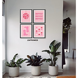 Hot Pink Howdy Western Cowgirl Boots Hats Bull Skull Disco Ball Poster Prints for Home Girls Room Dorm Decor,Preppy Decorations Prints Wall Art Unframed 4pcs 8x10 Inches,Teen Girls Cowgirls Gifts