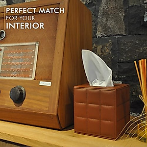 Luxury 5 Star Hotel Style Tissue Box Cover - Sturdy and Stylish Tissue Box Holder with a Custom Height and Modern PU Leather Exterior, 13.5x13.5x15cm - Light Brown