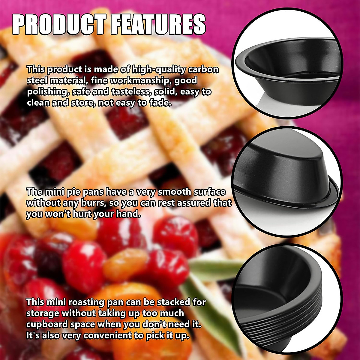 RHBLME 10 Pack Mini Pie Tins, 4 Inch Nonstick Small Pans, Carbon Steel Individual Pans for Baking Dessert, Fruit and Beef, Oven & Dishwasher Safe