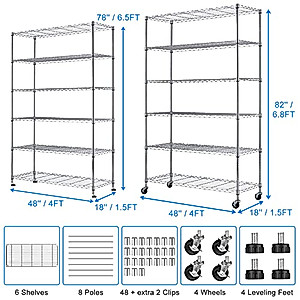 Wire Shelving Unit with Wheels, 6 Tier Adjustable Metal Shelving Heavy Duty Storage Shelves 2100 Lbs Capacity 48" L X 18" W X 82" H Metal Shelf for Pantry Kitchen Basement, Chrome