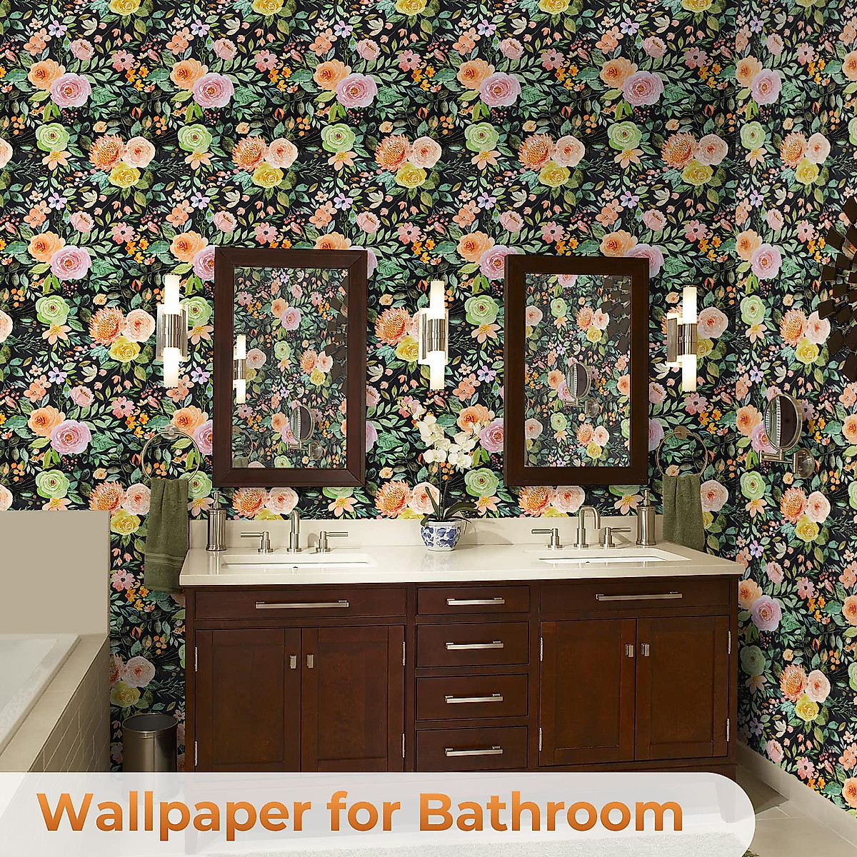 Beautysaid Wallpaper Peel and Stick Floral：Boho Textured Wall Paper for Bedroom Bathroom Renter Friendly Waterproof Pink Watercolor Modern Wallpaper for Kitchen Cabinet(Black,17.5x118 inch)