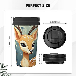 GTKSYNVE Reusable Coffee Mug with Lid and Handle, Cartoon Deer Flower Tumbler for Hot & Cold Drinks 16oz Stainless Steel Insulated Coffee Tumblers Double Wall Vacuum Thermal Cup