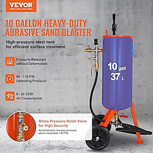 VEVOR 10 Gallon Heavy-Duty Sand Blaster, 60-110 PSI High Pressure Sandblaster, Portable Abrasive Blasting Tank, Air Sand Blasting Kit with 2 Ceramic Nozzles & 7.5ft Hose for Paint, Stain, Rust Removal