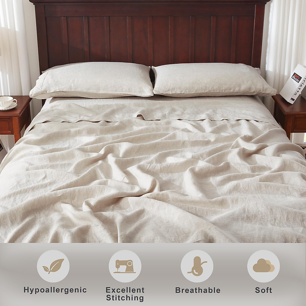 TOSMO Pure Linen Sheets Set, 100% French Natural Linen Flax Bedding 4pc Set (Queen, 1 Flat Sheet, 1 Fitted Sheet, 2 Pillowcases) - Natural Linen