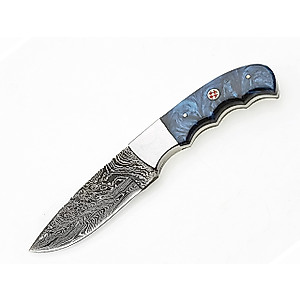 ONEHOPE BLADES Handmade Damascus Steel Hunting Knife With Leather Sheath, 8 inches Fixed Blade Tactical Survival Hand Forged Hunting Bushcraft Camping Knife (BLUE)