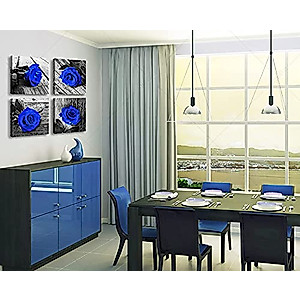 Canvas Wall Art Room Decorations Large Modern Black White Blue Rose Floral Pictures on Grey Valentine'S Day Framed Flower Paintings Decor Multi Panel Turquoise Artwork Living Women Bedroom