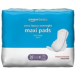 Amazon Basics Thick Maxi Pads with Flexi-Wings for Periods, Extra Heavy Overnight Absorbency, Unscented, Size 5, 20 Count, 1 Pack (Previously Solimo)