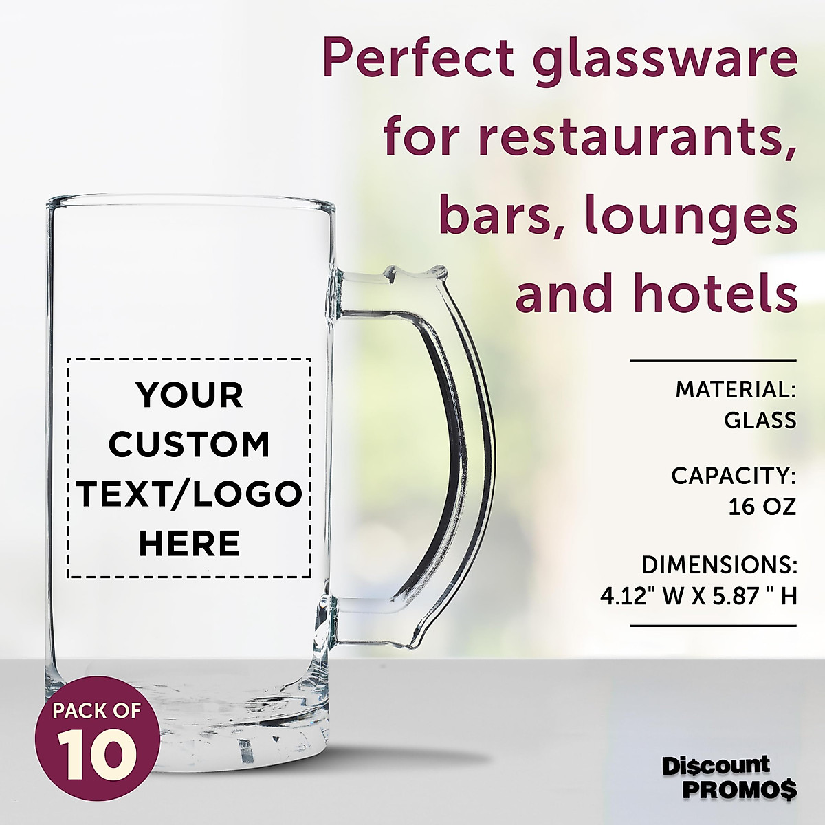 DISCOUNT PROMOS Custom Glass Beer Mug 16 oz. Set of 10, Personalized Bulk Pack - Great for Wedding Favors, Groomsmen Gifts, Birthday Gifts - Clear