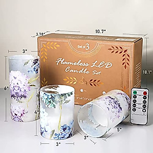 GORGE MOMENT Flameless Candles LED Flicker with Remote DIM Blue Violet Hydrangea Love Theme Spring Summer Decorative Glass Decor Wedding Date Proposal Dinner Table Home Thanksgiving Gift for Lover