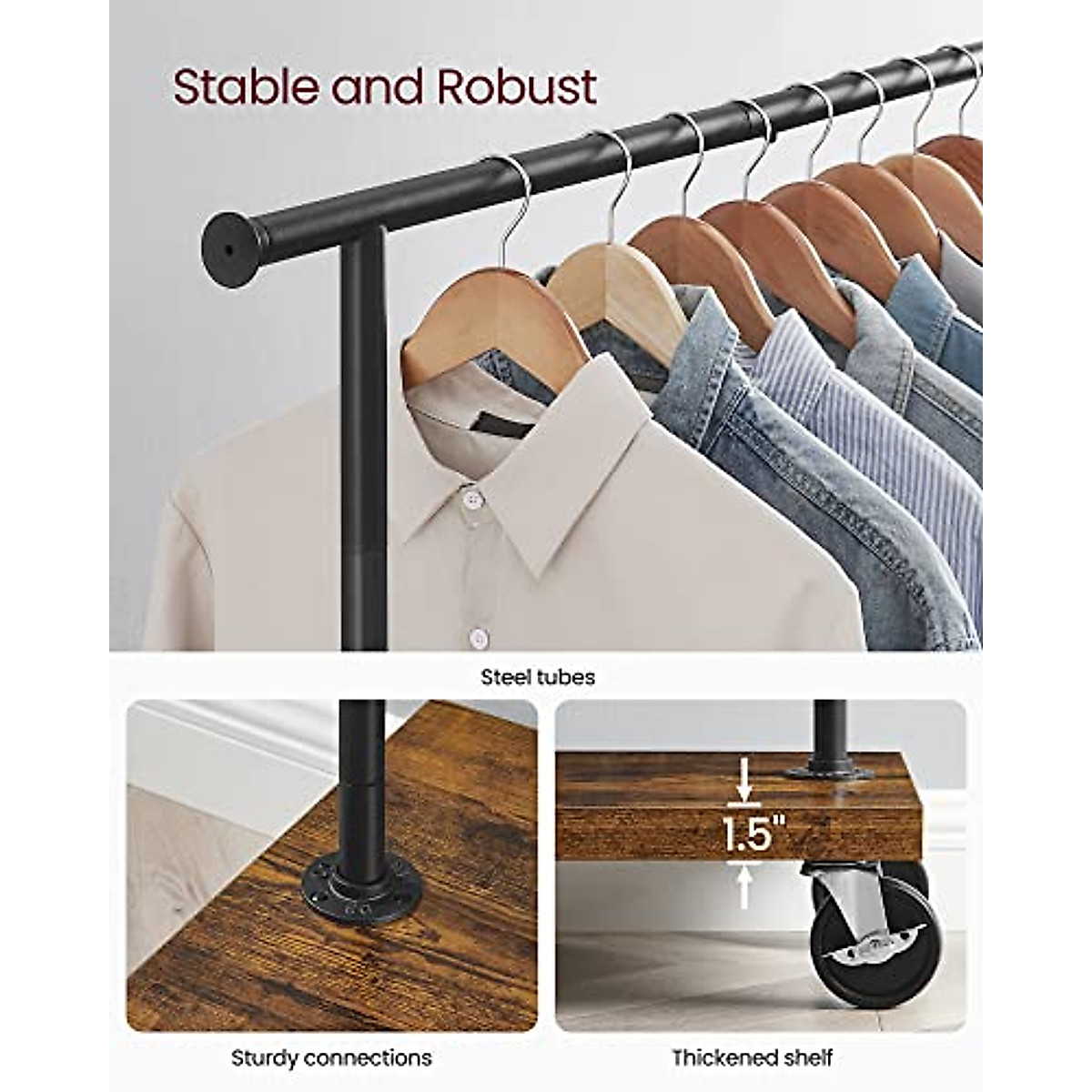 VASAGLE Clothes Rack, Clothing Rack with Wheels, 43.3-66.9 Inch Extendable Bar, Height-adjustable Garment Rack, 332 lb Load, 2 Brakes, Heavy-Duty, Industrial, Rustic Brown and Black URGR111B01V1