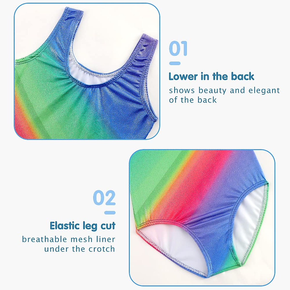 WanLiangJin Toddler Girls Gymnastics Leotards Size 8-9 9-10 8-10 Years Kids Sparkly Blue Rainbow Athletic Tumbing Class Ropa de Gimnasia para niñas Sport Activewear One Piece Unitards