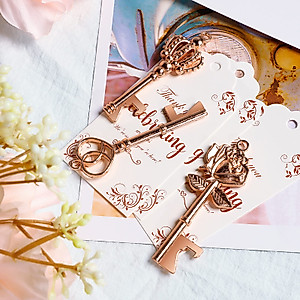 60 Pieces Key Bottle Opener with 60 Pieces Tag Rose Gold Skeleton Key Bottle Opener 4 Styles Include Crown, Heart, Sun Flower and Rose with 6 Rolls Ribbons for Wedding Bridal Shower Party Favor Gifts