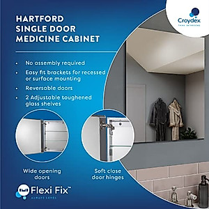 Croydex Hartford Single Door, Recessed or Surface Mount, Hang 'n' Lock Easy Installation Medicine Cabinet, 20W x 26H, Aluminum