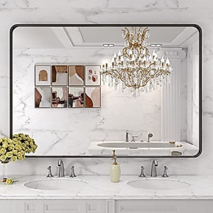 LOAAO 48X32 Inch Black Metal Framed Bathroom Mirror for Wall, Matte Black Bathroom Vanity Mirror Farmhouse, Large Rounded Rectangle Mirror, Anti-Rust, Tempered Glass, Hangs Horizontally or Vertically