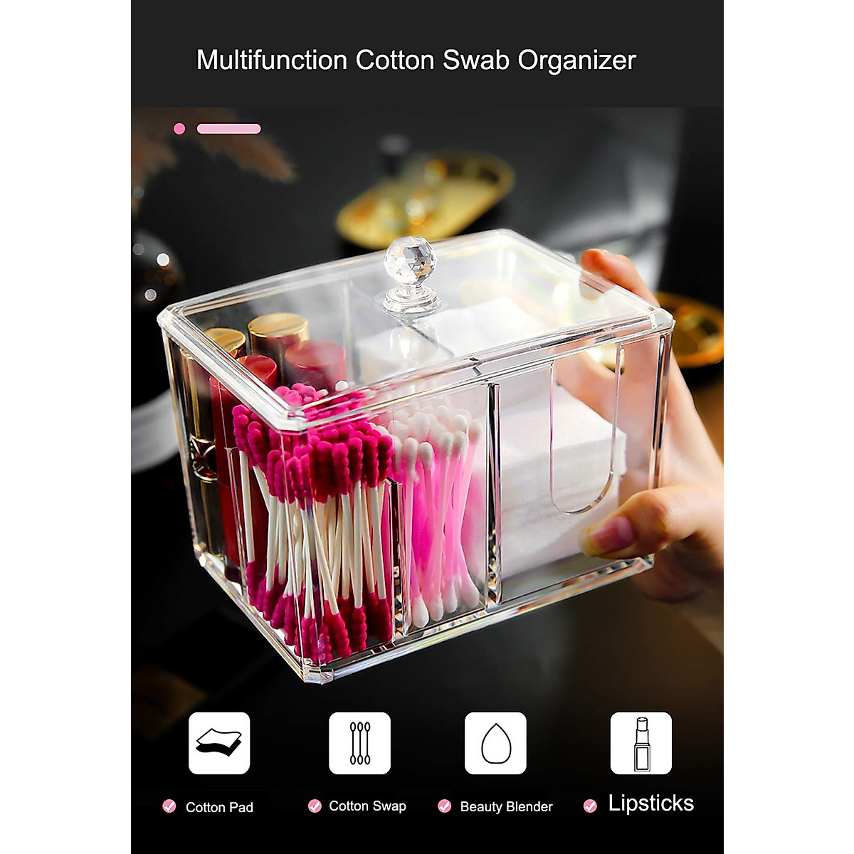 MOOCHI Q-Tips Cotton Swab Holder Makeup Pads Sponge Lipstick Container with Lid Acrylic 2 Trays Bathroom Bedroom Organizer