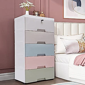 Plastic Drawers Dresser, 5 Drawers Storage Cabinet, Closet Drawers Tall Dresser Organizer for Clothes, Playroom, Bedroom Furniture, Stackable Vertical Clothes Storage Tower, Chest Closet with Lock