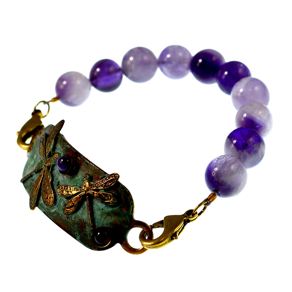 Elaine Coyne Collectible Artwear Patina Brass Dragonflies Interchangeable Rockband Bracelet - Amethyst, Charoite