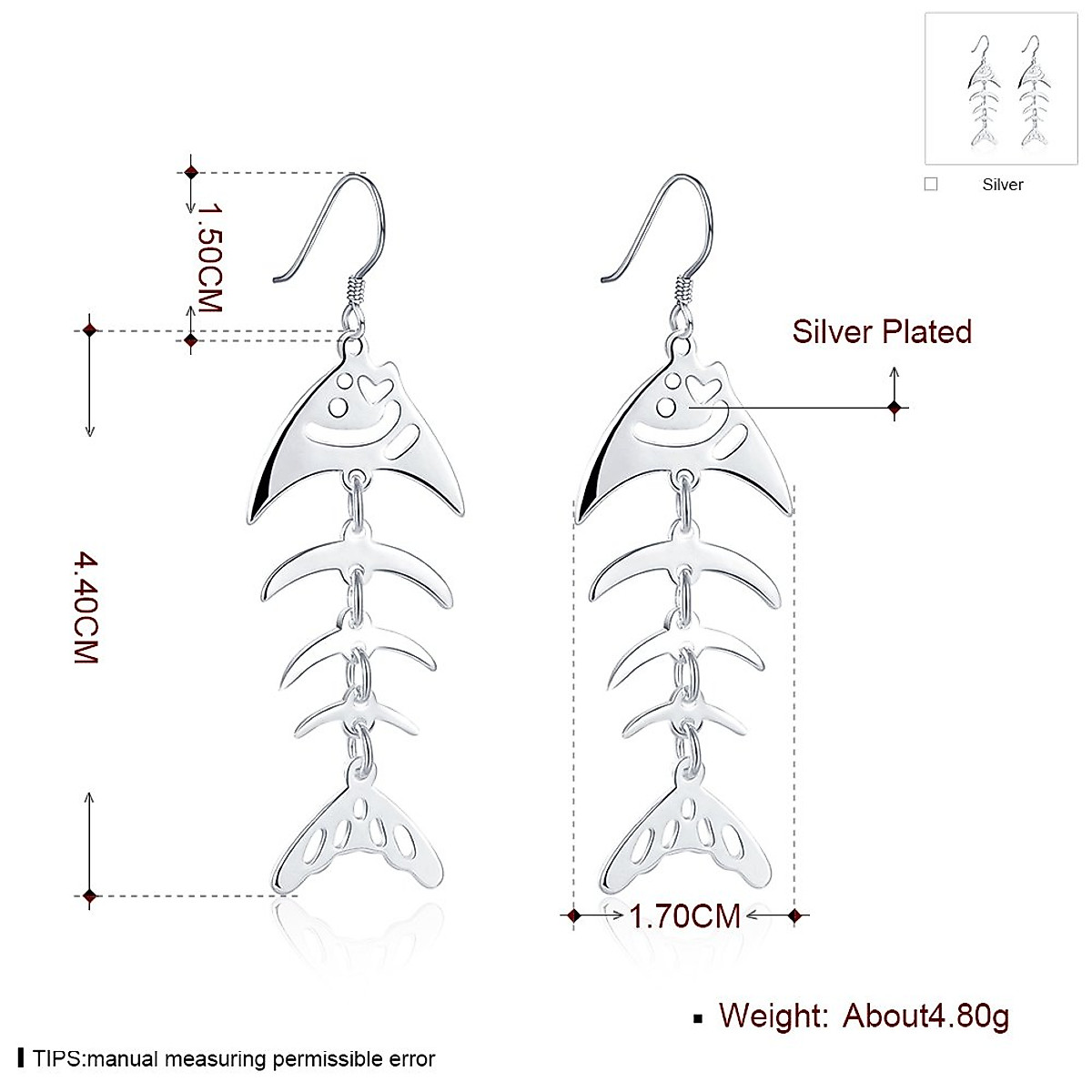 Sterling Silver Plated Earrings Drop Dangle Fish Hook Fish Bones .68" L383