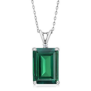 Gem Stone King 925 Sterling Silver Gemstone Birthstone and White Diamond Necklace | Emerald Cut 14X10MM Pendant Necklace for Women | With 18 Inch Silver Chain