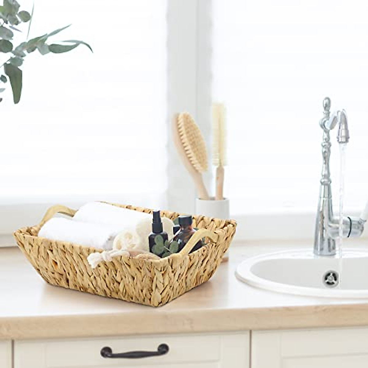 Graciadeco Hand Woven Water Hyacinth Baskets with Wooden Handles Large Natural Shallow Wicker Storage Basket for Organizing Irregular Rectangle, 2 Pack