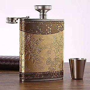 Golden pattern 8 Oz Gift 100% Stainless Steel(304/18-8 SS).Bonus 2 Shot Glass+1Funnel+1Giftbox.Flask Leak Proof Tested.Flask for Liquor/Alcohol.Flask for Men/Women