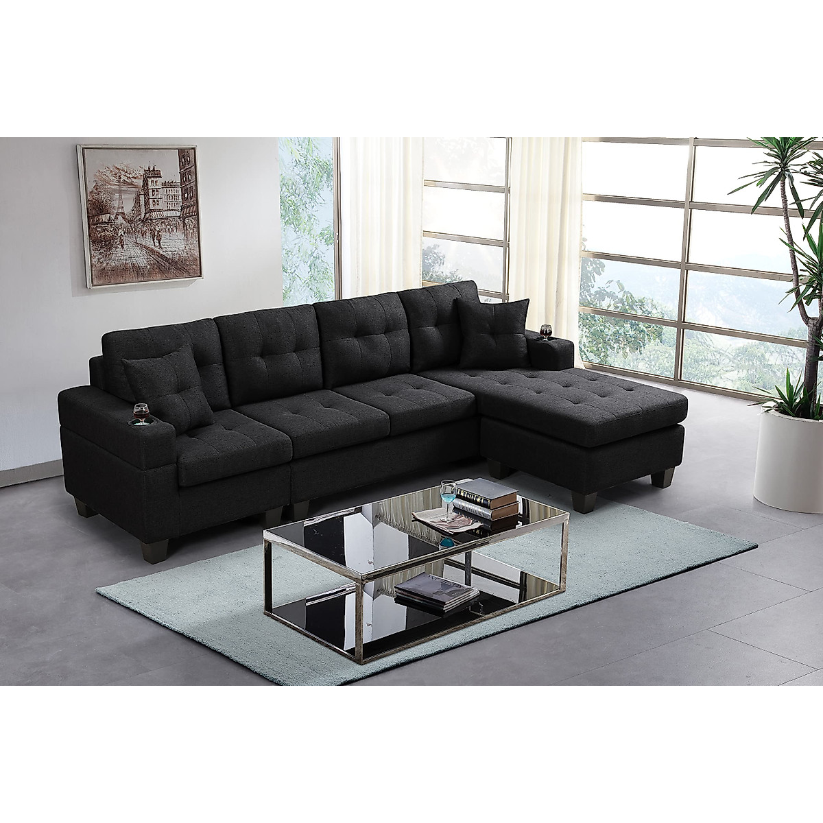GINGVAT L Shaped Upholstered Sectional Sofa, Modern Fabric Couch with Reversible Chaise and 2 Cupholders, Living Room Furniture Fashion Design, Black