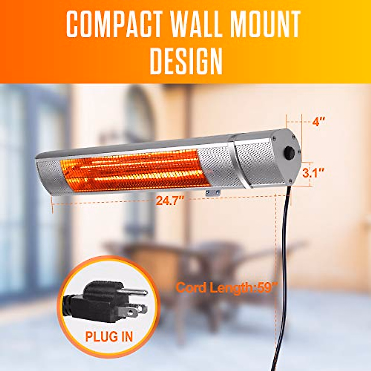 Electric Patio Heater, 1500W Outdoor Heater, VQVG Wall Mount Heater, Infrared Outdoor Heater with Remote Control, 3 Heating Modes, Instant Heat, Waterproof IP65 for Patio Garage (Silver)