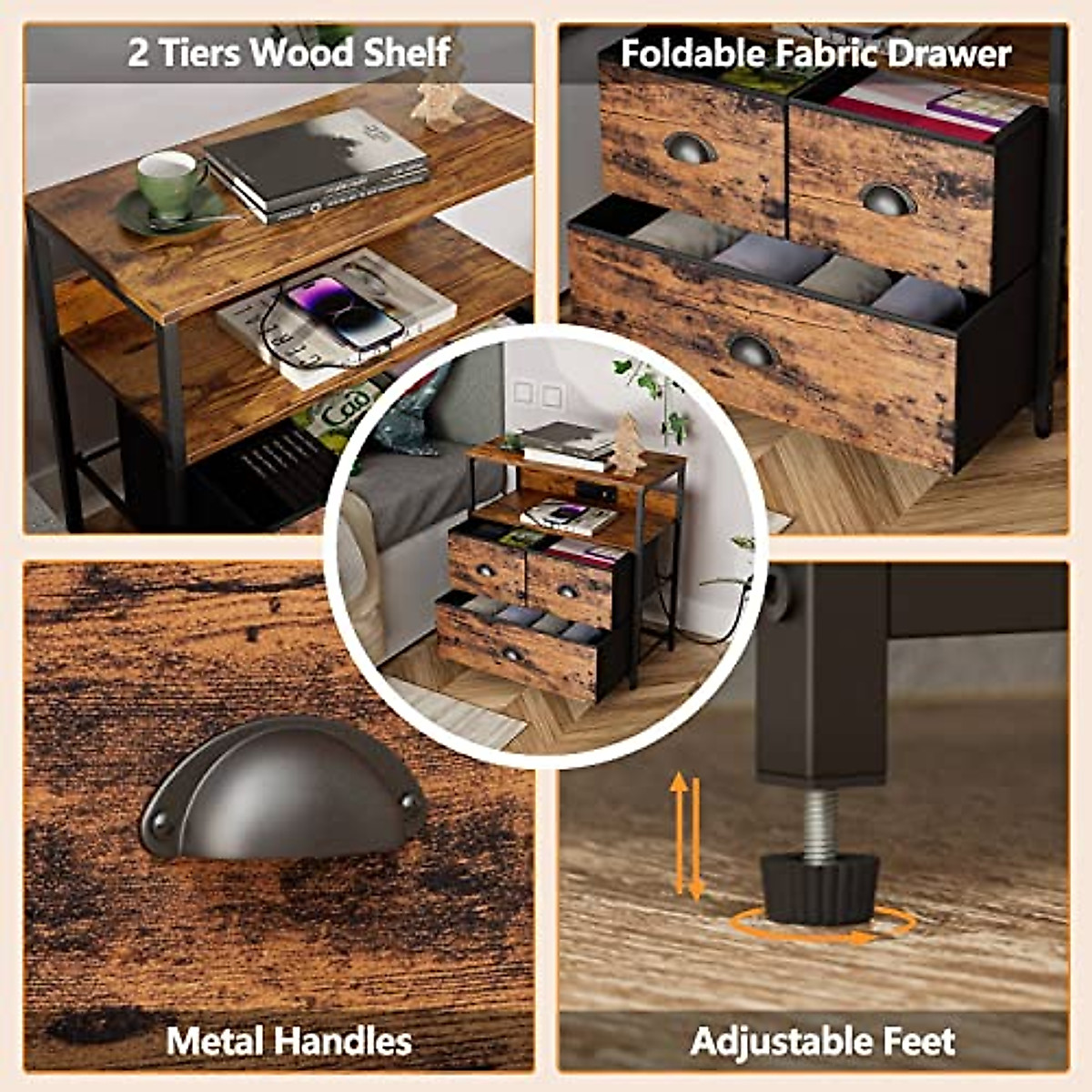 Furnulem Nightstand with Charging Station, Wooden End Table with USB Ports & Power Outlets, Industrial Bedside Tables with 3 Fabric Drawers and Shelf for Bedroom, Living Room, Rustic Brown