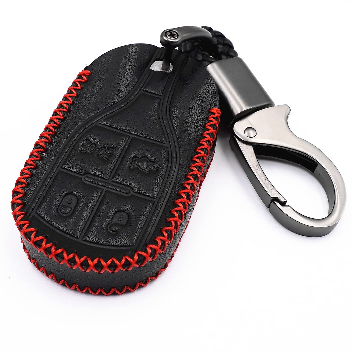 MJKEYAuto Black Leather 4 Buttons Smart Remote Key Fob Cover Chain Case for Maserati Ghibli, Levante, Quattroporte
