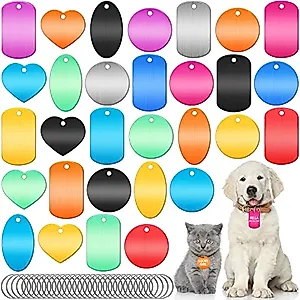 30PCS Blank Dog Tags for Engraving, Aluminum Dog Tags with Ring for DIY Decorative Craft Pendant with Hole for Pet Dog Cat Name Phone Number Metal Stamping Tags (Round, Rectangle, Oval, Heart)