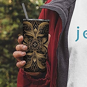 FHENMSA Stainless Steel Insulated Travel Coffee Mug,Black And Golden Pattern Print Reusable Car Cup,Thermal Cup for Outdoor with Straw And Lid