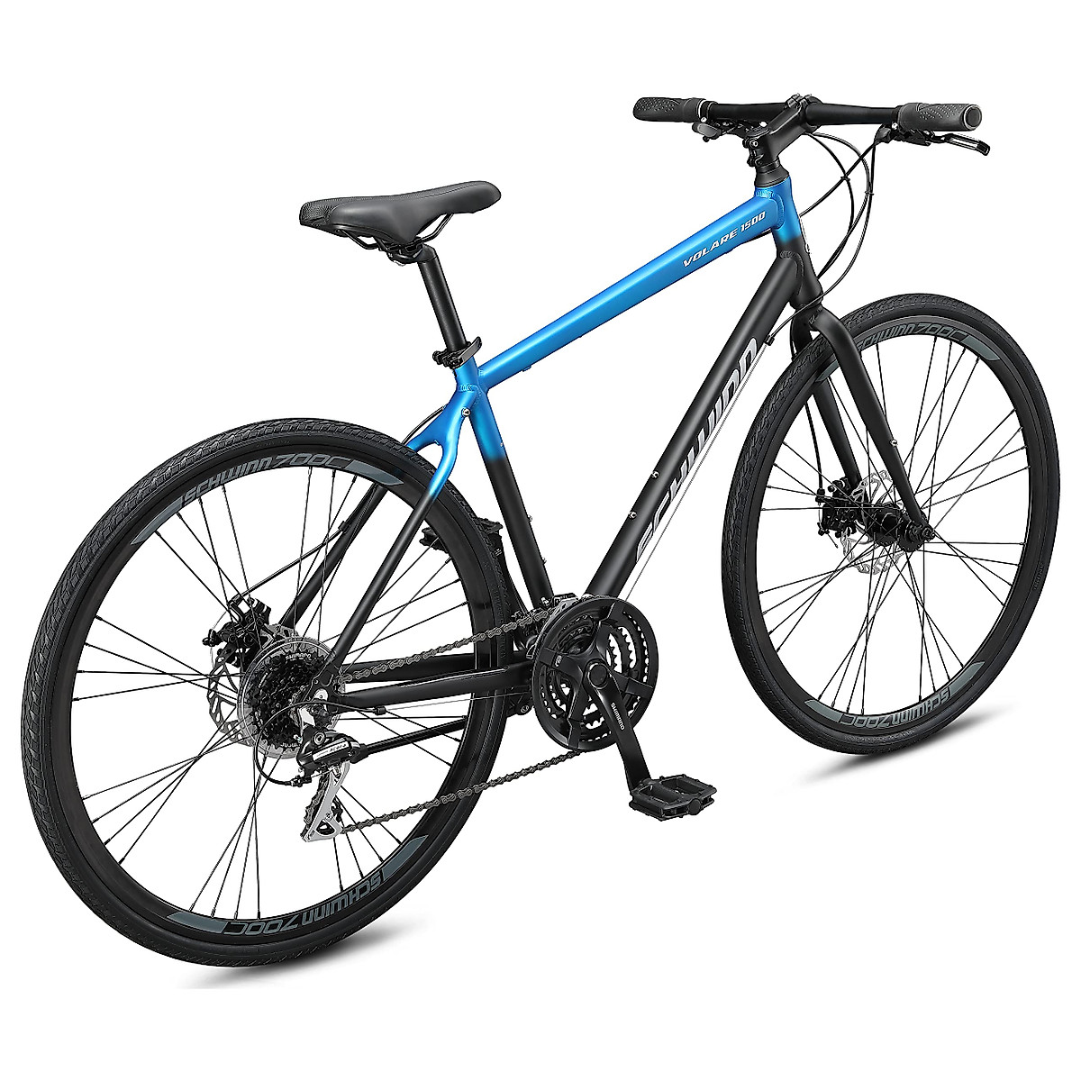 Schwinn Volare 1500 Flat Bar Hybrid Sports Road Bike, Men and Women, 24-Speed, 700c Wheels, 20-Inch Aluminum Frame, Mechanical Disc Brakes, Blue/Black