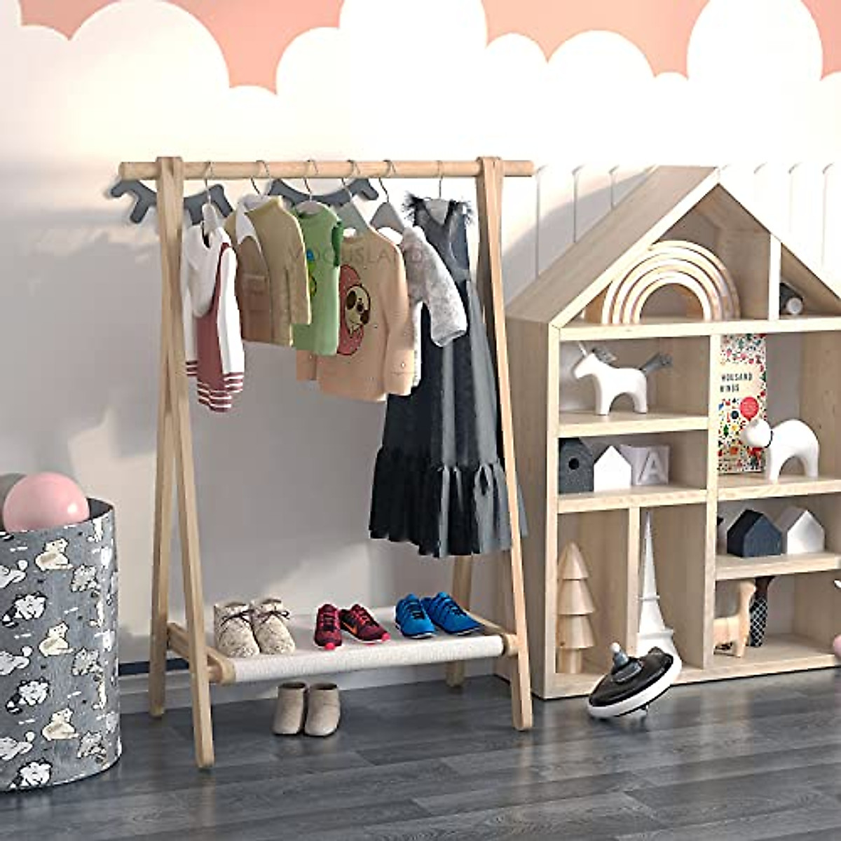 VOGUSLAND Dress up Rack, Child Garment Rack, Kids Clothing Rack with Storage Shelf (Natural Beech, 29.5" L x 14.5" W x 40" H)
