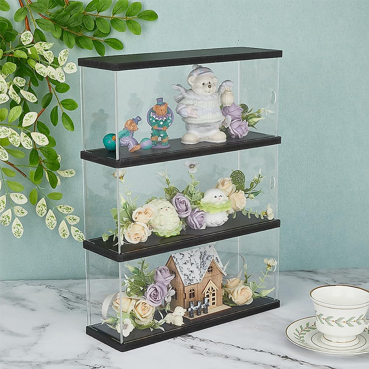 DICOSMETIC 3-Tier Transparent Display Case Acrylic Display Risers Stand with Door Rectangle Model Blocks Minifigures Display Case 300x95x378mm Holder Stand Box for Display Collection