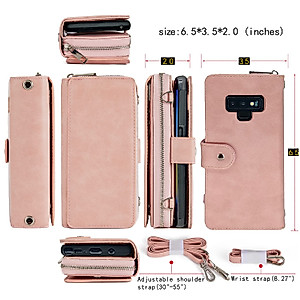 MODOS LOGICOS Crossbody Bag for Samsung Galaxy Note 9 6.4", [Shoulder Wrist Straps] [Zipper Storage] [11 RFID Card Slots 3 ID Window] PU Leather Purse with Removable Inner Magnetic TPU Case - RoseGold