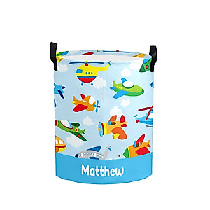 Personalized Laundry Basket Hamper,Airplane Blue Clouds,Collapsible Storage Baskets with Handles for Kids Room,Clothes, Nursery Decor