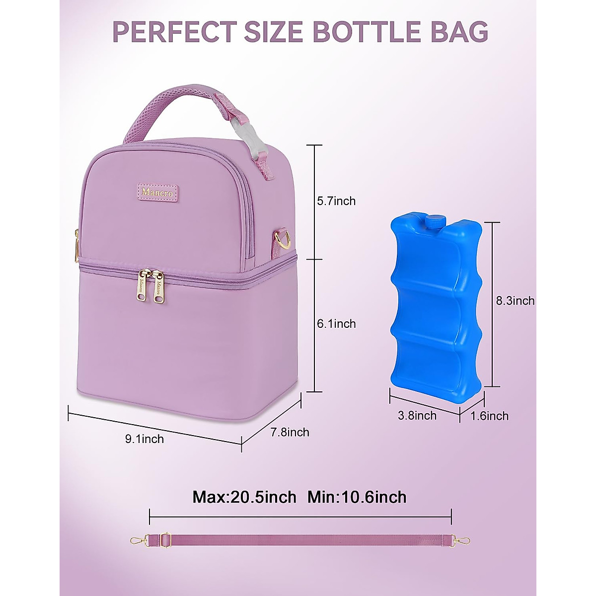 Mancro Breastmilk Cooler Bag with Ice Pack Fits 6 Baby Bottles, Insulated Baby Bottle Bag with Double Laye Design, Bottle Cooler for Baby Milk Suitable for Nursing Mom Daycare, Purple