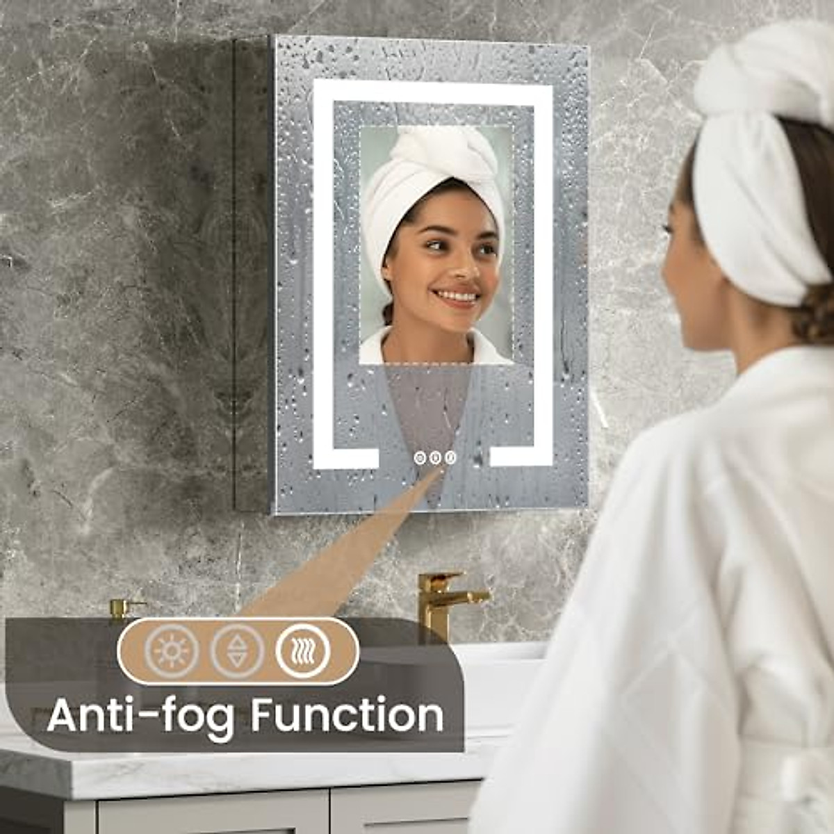 ROOMTEC LED Lighted Medicine Cabinet with Mirror 20"*26",Bathroom Mirror Cabinet with Lights, Outlet and USB, Recessed or Wall Mounted, Adjustable Shelf, 3-Color, Dimmer, Anti-Fog