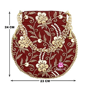 Bridal Bag for Women Indian Ethnic Potli Drawstring Purse Handbag Embroidered Floral Bag Batwa Wedding Jewelry Pearls Handle Clutch (H*L-23x24CM Maroon)