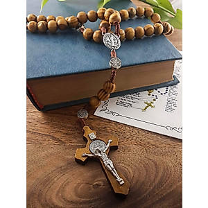 Nazareth Store Wood Beads Rosary Necklace Saint Benedict Medal & Catholic Cross Religious Prayer Chaplet String Handmade - Velvet Bag