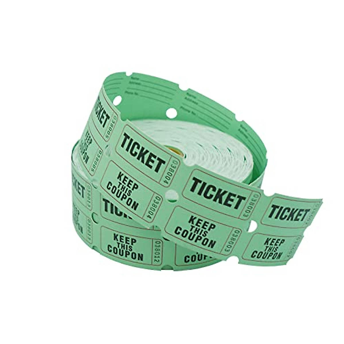 DNB 1000 Raffle Tickets - Double Roll 1000 Pairs per Roll 2 x 2 Inch 50/50 Consecutively Numbered Tickets for Entry/Events/Fundraiser/Prizes - Green
