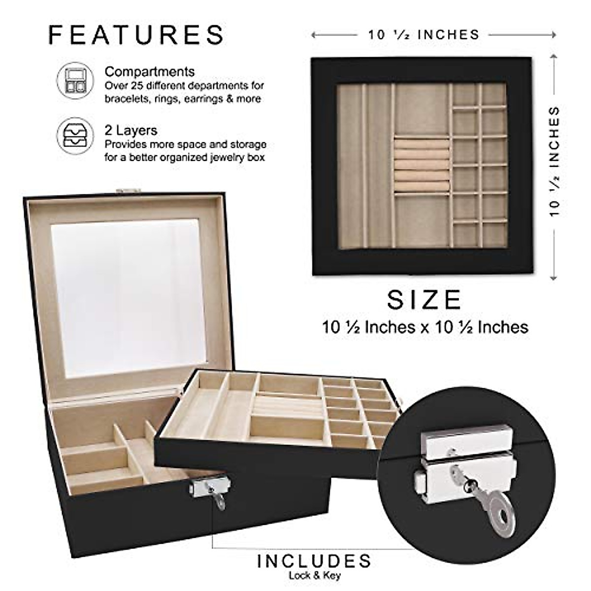 My Personal Memories Custom Personalized Jewelry Box, Tray & Organizer with Glass Top - Customized and Engraved Accessories Gift for Mom, Wife, Her (Large 10.5" x 10.5", Midnight Black)