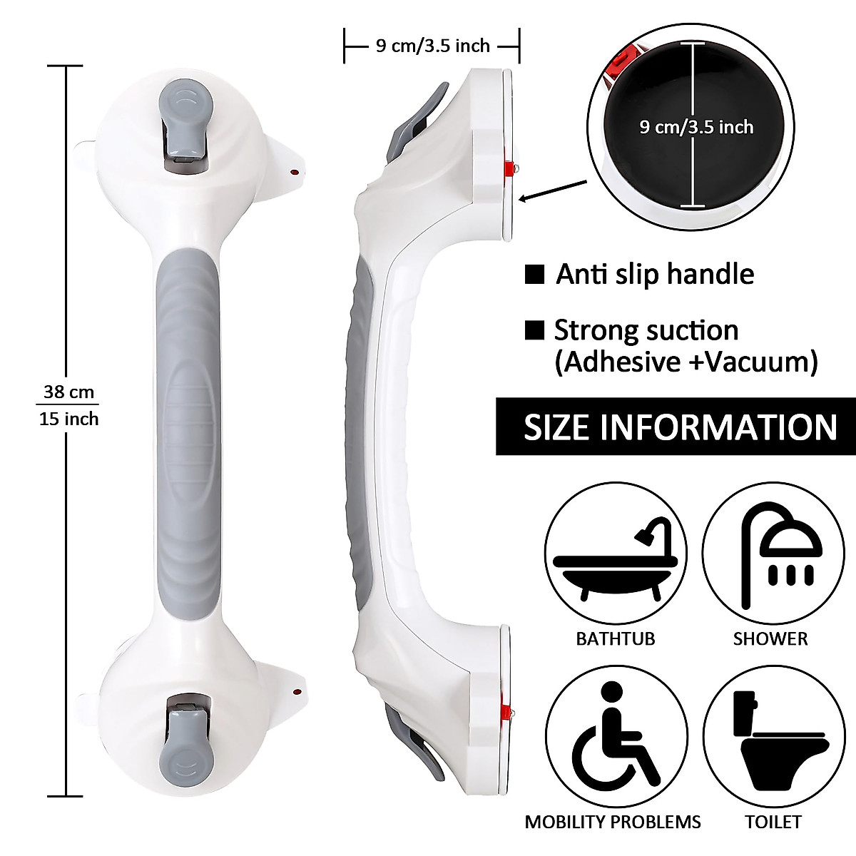 Rackickyer Grab Bars for Bathtubs and Showers, 1 Pack 15 Inch Shower Handles, Strong Suction Grab Bar for Shower, Anti-Slip Shower Grab Bars for Seniors, Bathroom Handicap Grab Bars with Indicators