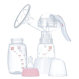 Unimom Manual Breast Pump with Soft Silicone Massaging Breast Shield – Ergonomic Rubber Handle - Includes Bottle and Stand - BPA Free – by Unimom