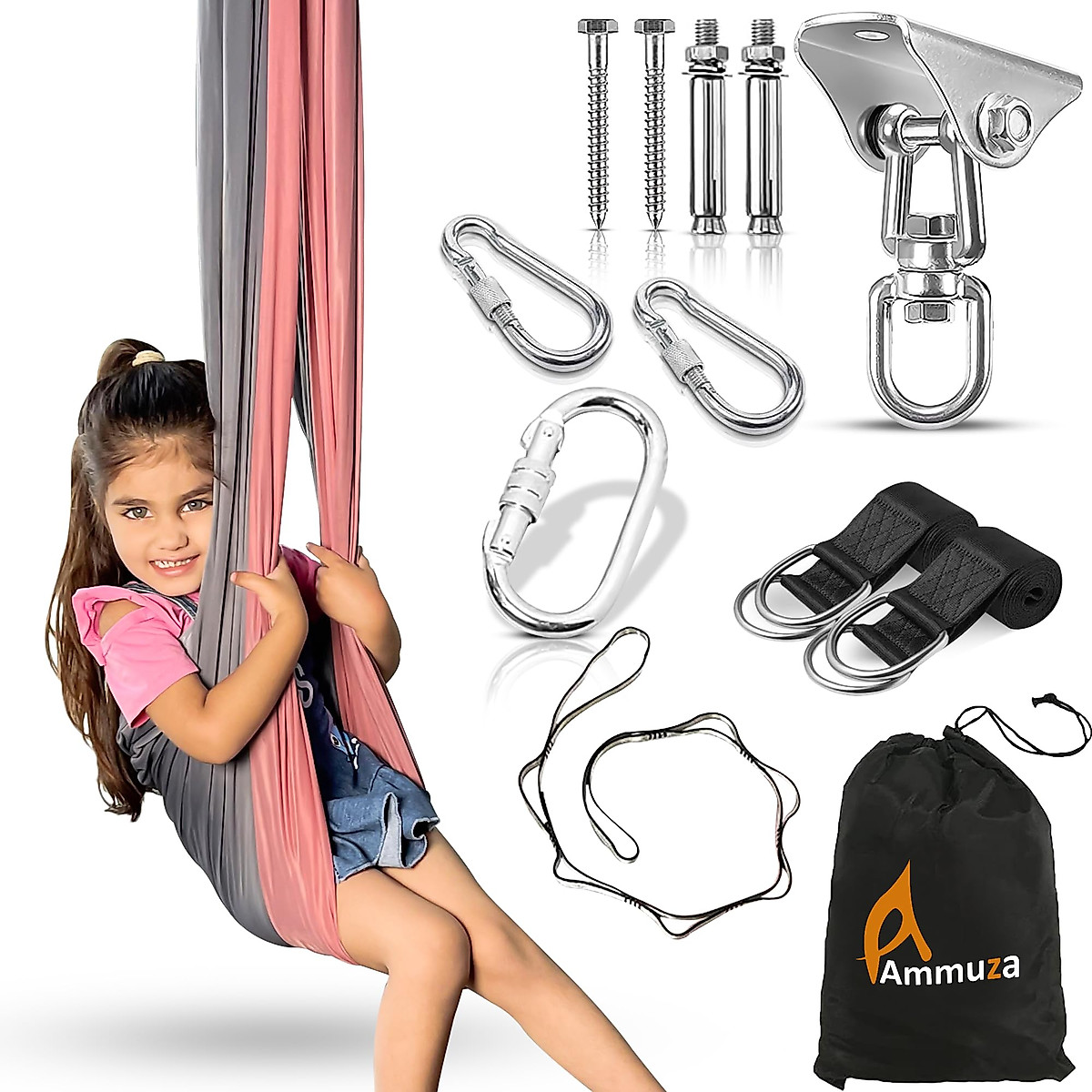 AMMUZA Indoor Sensory Swing For Kids & Adults 200lb - Therapy Swing For Autism, ADHD, Aspergers - Indoor Hammock Kids Swing, Calming Relaxing 360° Adjustable Sensory Toys Gifts (Pink & Grey)