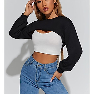 LovelyWholesale Womens Crewneck Cropped Sweatshirt Long Sleeve Super Crop Top Workout Gym Aesthetic Sweat Shirt Black Small