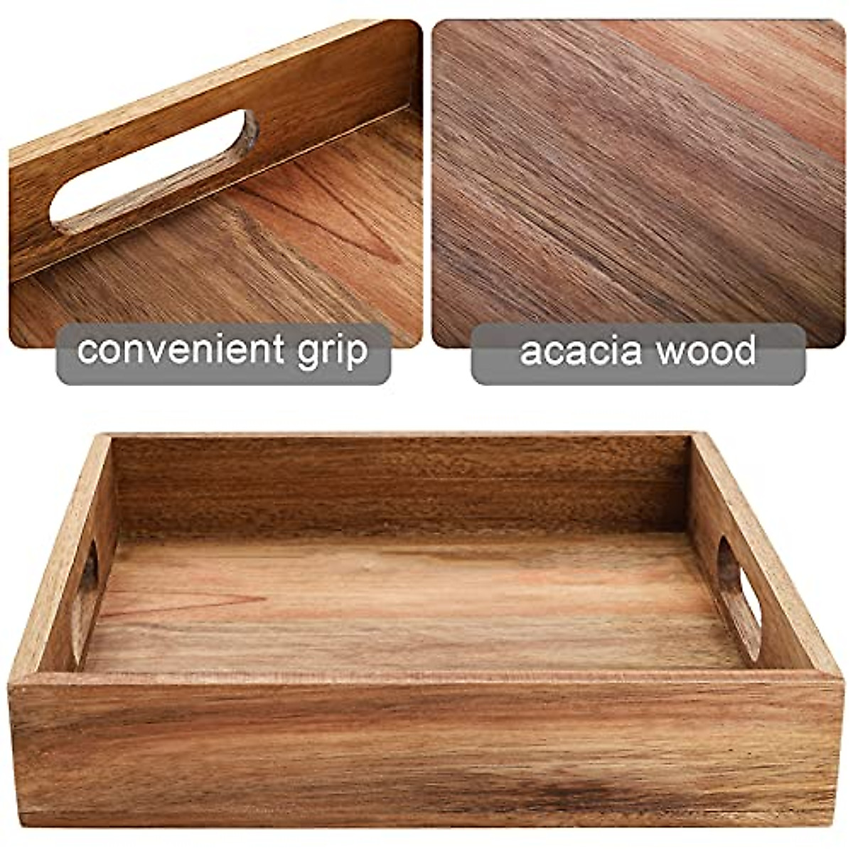 YOUEON Set of 2 Acacia Wood Serving Tray with Handles, 10x10x2 Inch Decorative Serving Trays, Ottoman Tray, Coffee Table Tray, Square Wood Tray for Food, Dinner, Coffee, Wine, Appetizer