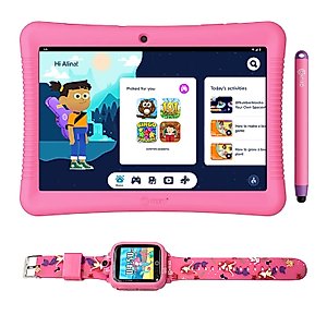 Contixo Kids Tablet, K102 10 Inch Tablet for Kids and Smart Watch Bundle, 2GB 32 GB Toddler Tablet with Bluetooth, with Smart Watch That Touch Screen, Camera, Video and Audio Recording - Pink