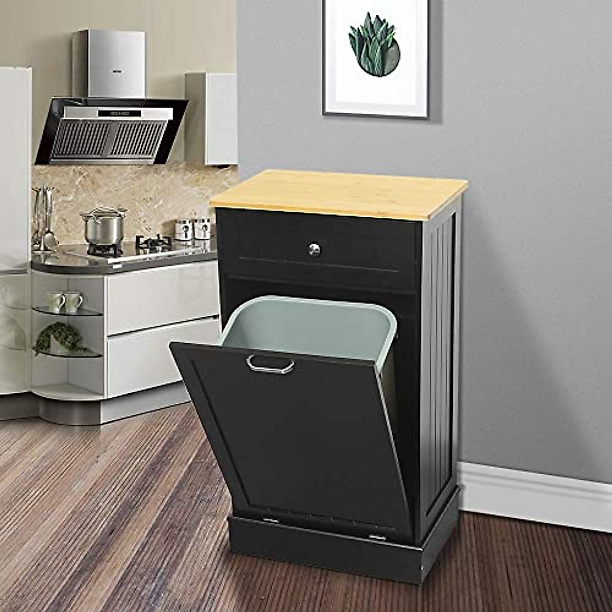 New Kitchen Trash Cabinet,Tilt Out Trash Cabinet with Solid Hideaway Drawer,Free Standing Wooden Kitchen Trash Can Recycling Cabinet Trash Can Holder,Removable Cutting Board (Black)